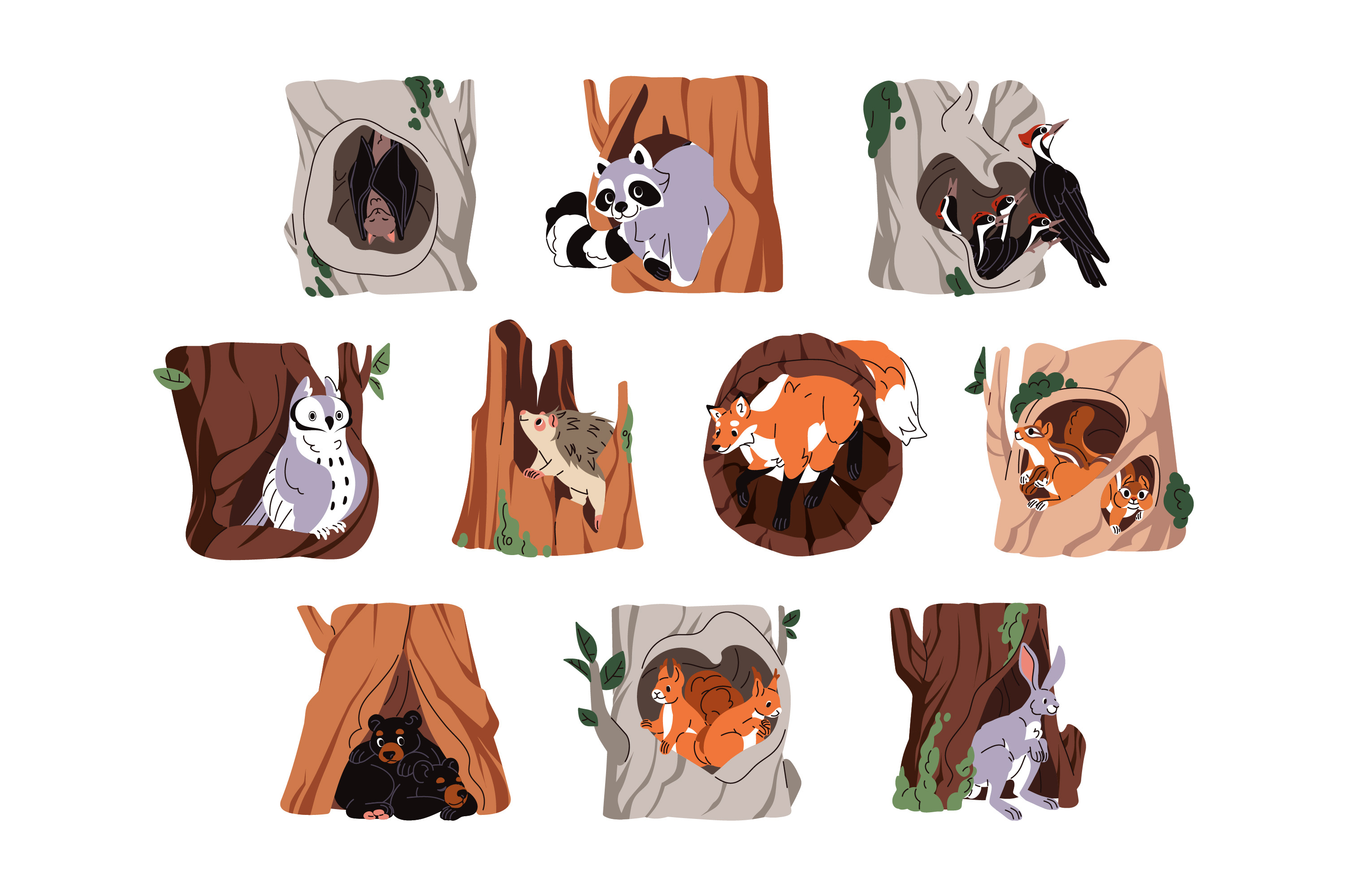 Forest animals in tree hollows set, an Animal Illustration by PaperTrident