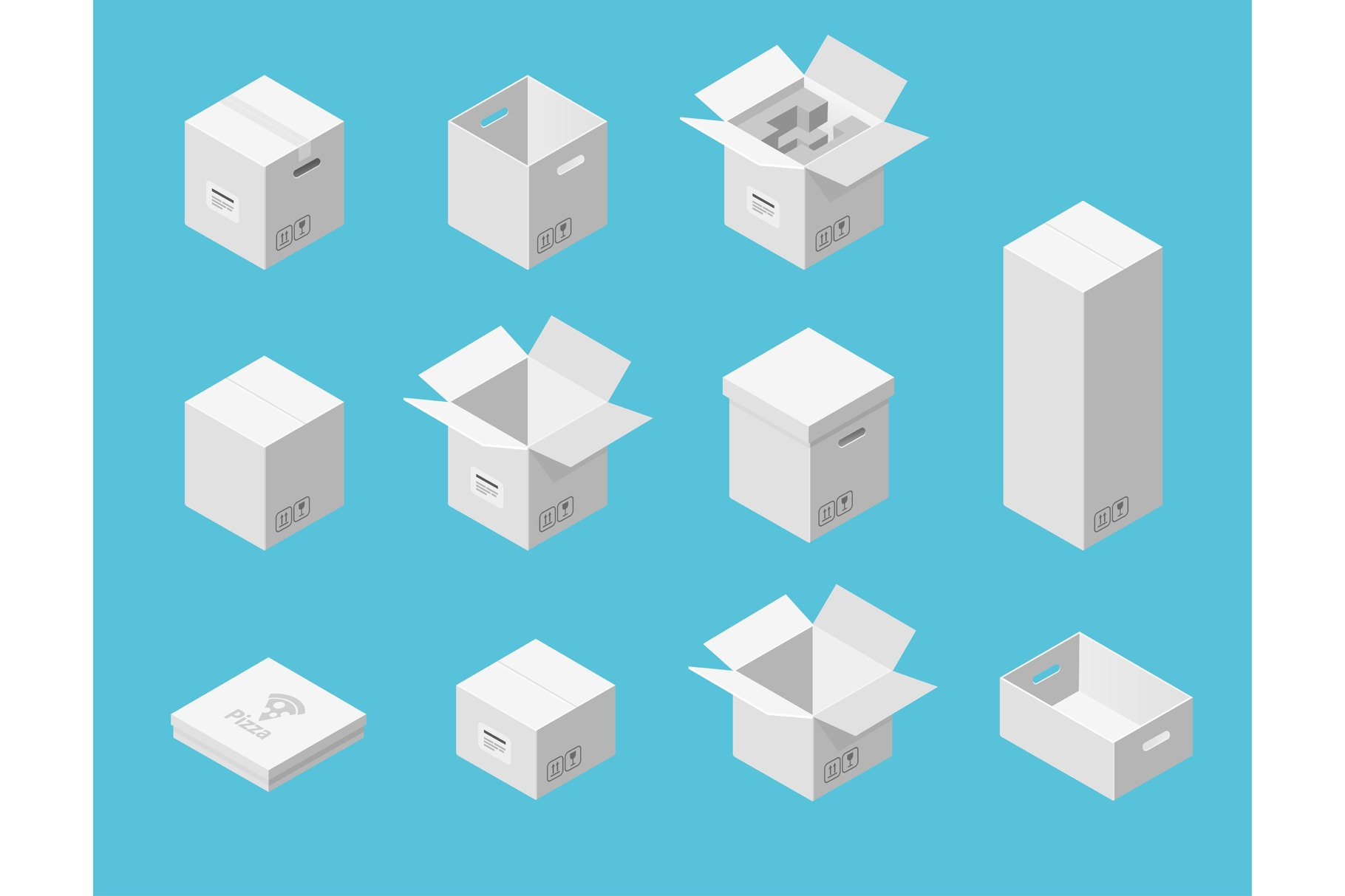 White carton packaging boxes set. Isometric view. Different size and ...