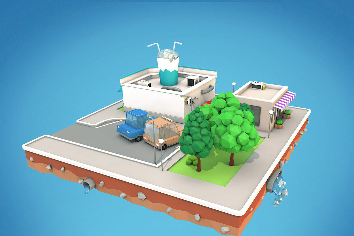 Cartoon City Block Cafe Building, an Architecture 3D Model by Low Poly Lab
