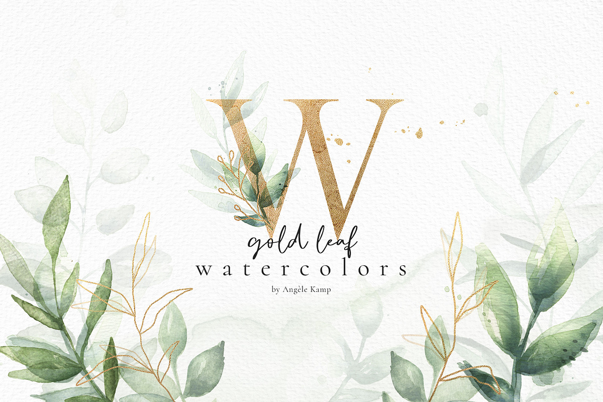 Gold leaf watercolor alphabet art, an Illustration by Angele Kamp