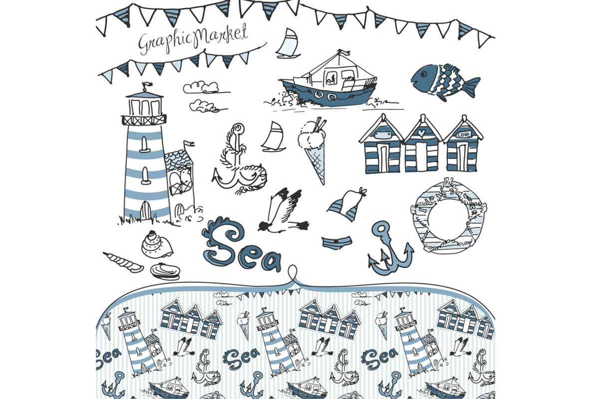 Sea Nautical clip art and background, an Illustration by GraphicMarket