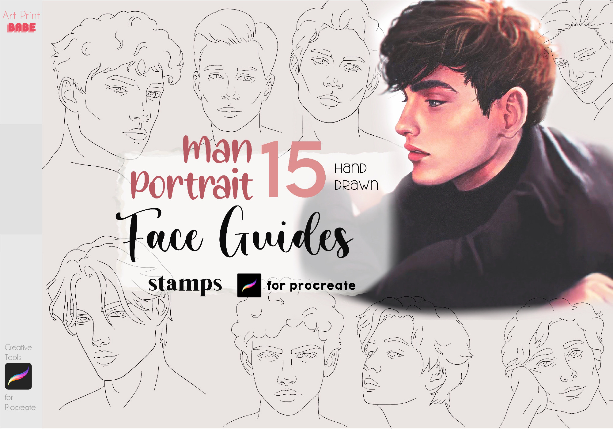 Procreate Man Face Guides Portrait, a Brush Add-On by ArtPrintBabe