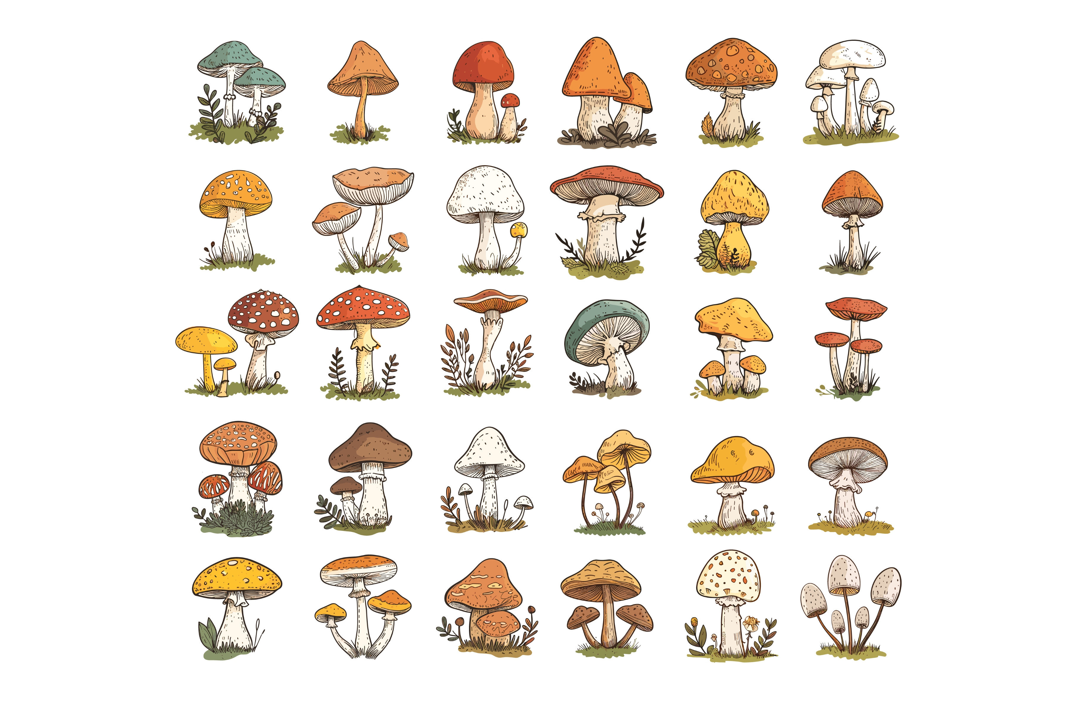 Mushrooms in colored linear detailed, a Food Illustration by Onyx
