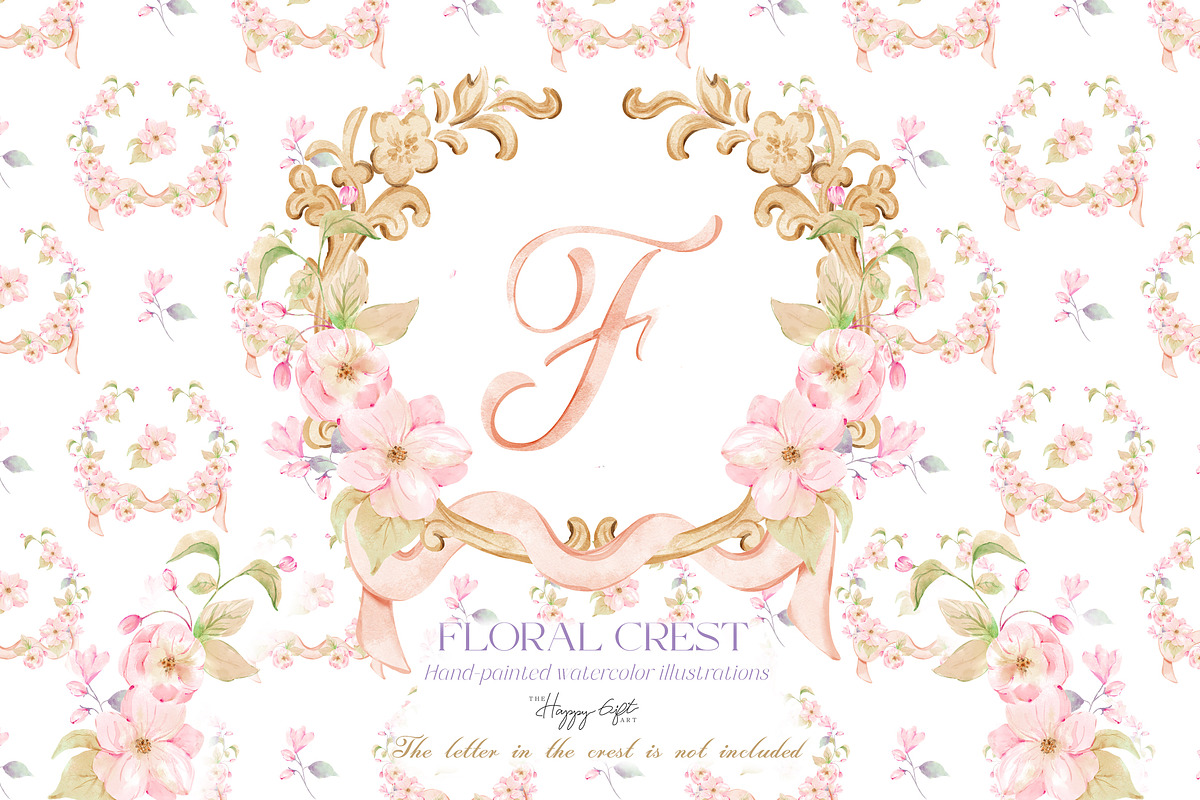 Watercolor floral crest illustration, an Illustration by TheHappyGiftArt