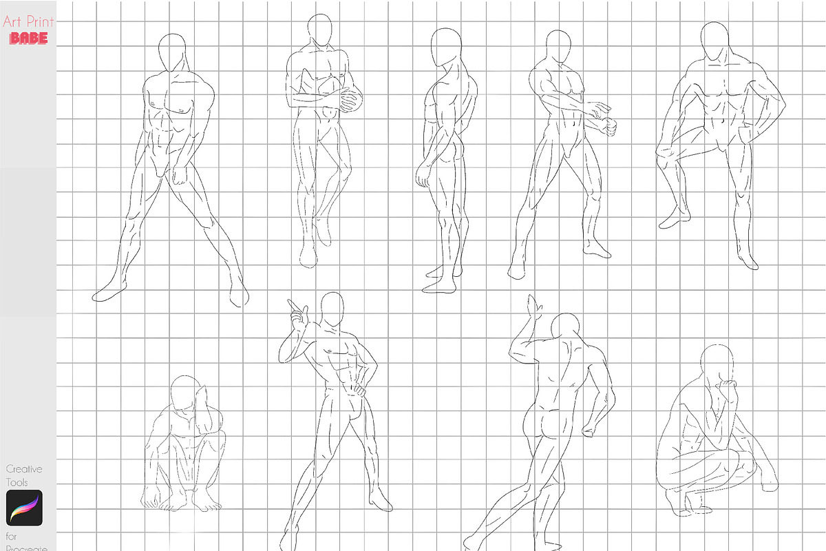 Procreate Man Poses Male Body Guides, a Brush Add-On by ArtPrintBabe