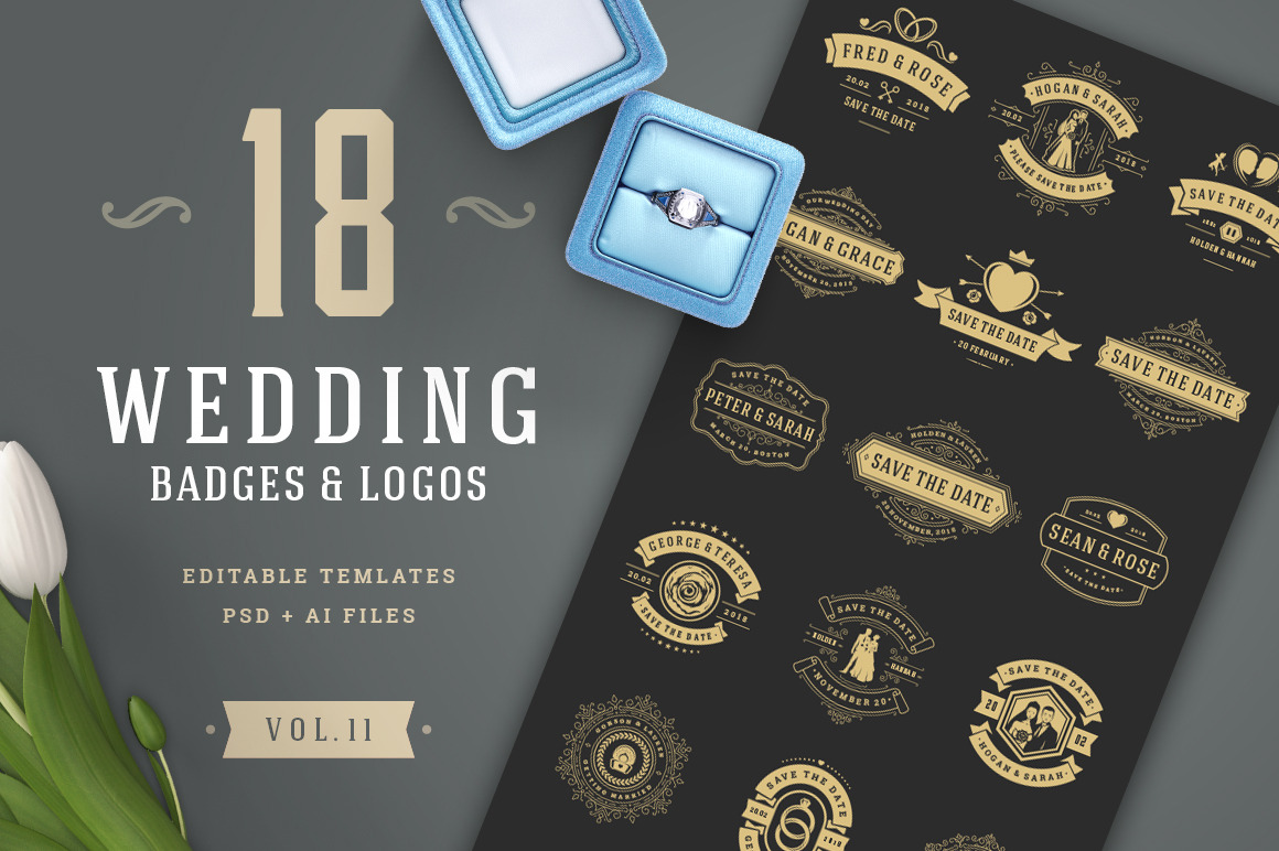 18 Wedding Logos and Badges, a Branding & Logo Template by Vasya Kobelev