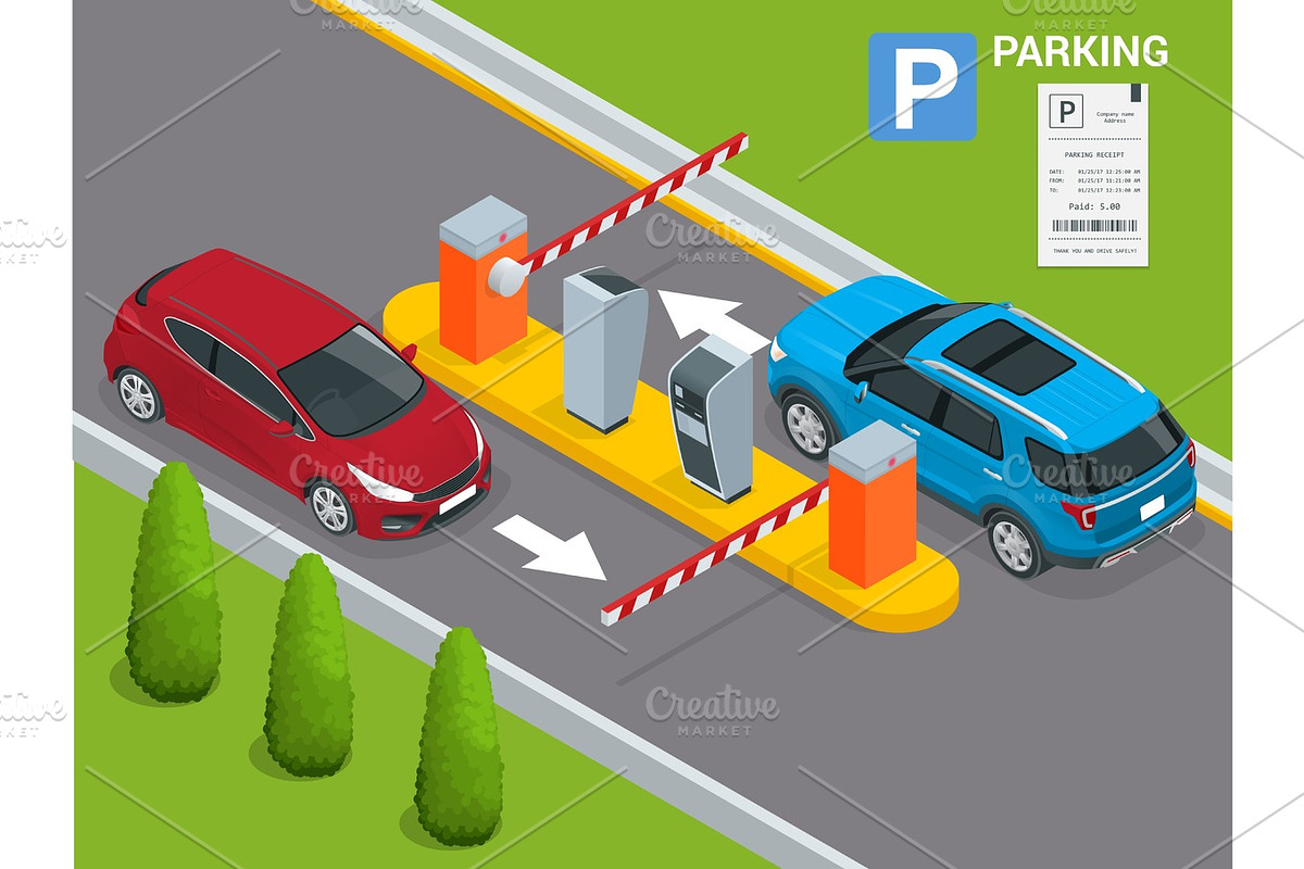 Isometric Parking payment station, access control concept. Parking ...
