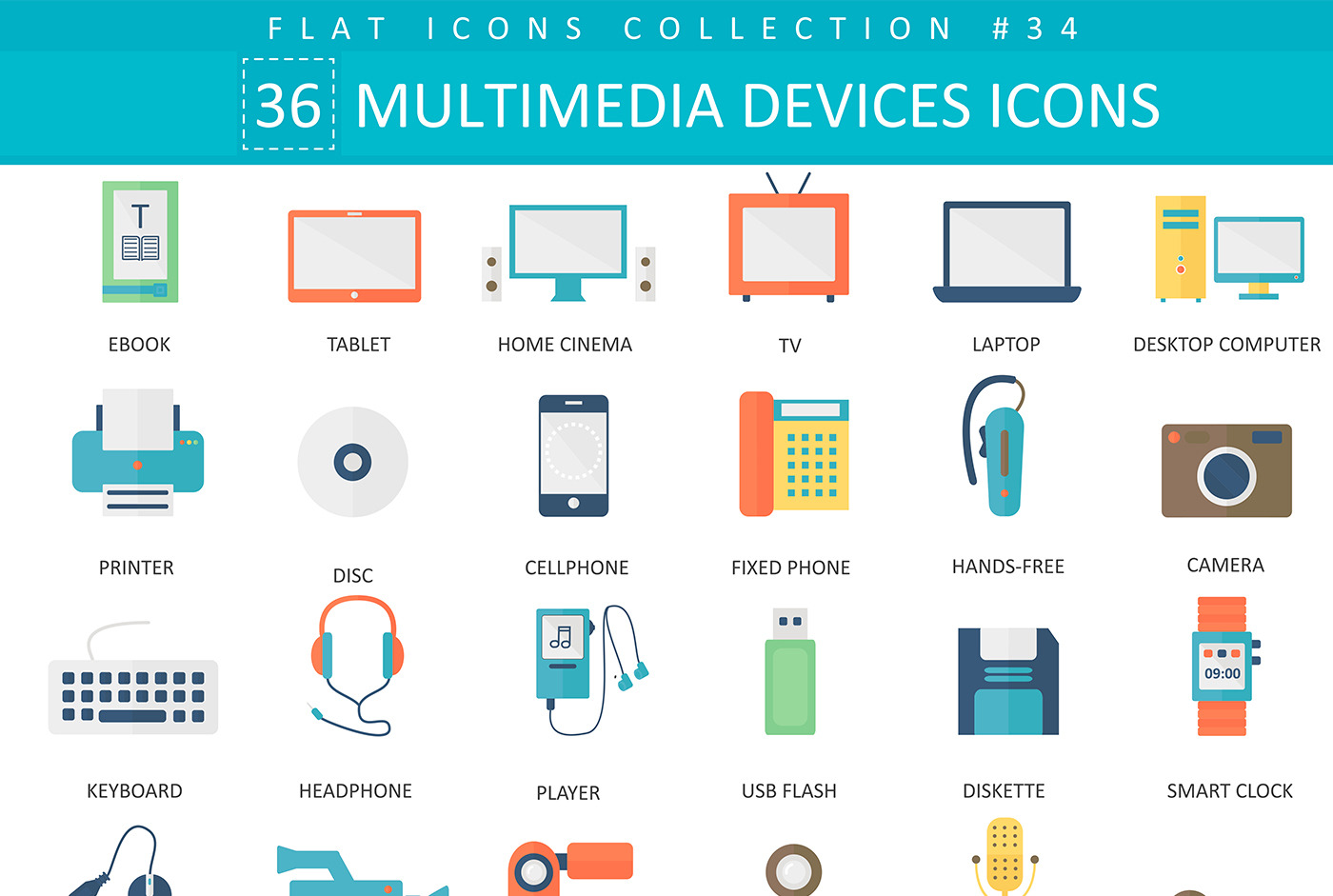 36 Multimedia devices flat icons set, an Icon by Lemberg Vector