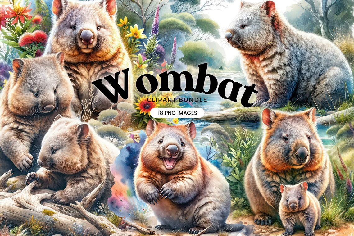 Watercolor Wombats Clipart, an Animal Illustration by Bijou Bay