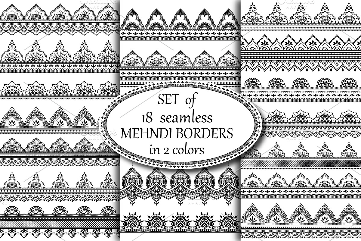 Set seamless Mehndi borders, a Decorative Illustration by Katika Shop