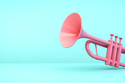 pink trumpet on blue background, an Abstract Photo by McLittle Stock