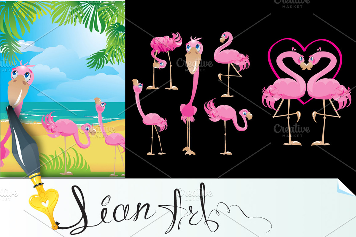 Flamingos cartoons, an Animal Illustration by Lian-art