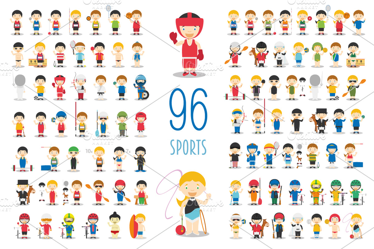 96 sport characters in cartoon style