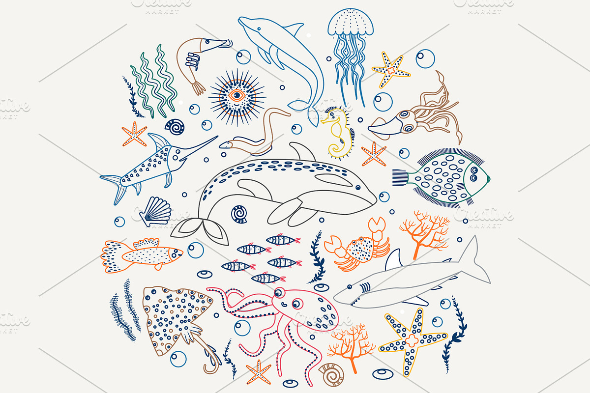 Set of Cute Sea animals + line style, a Background Graphic by Lemberg ...