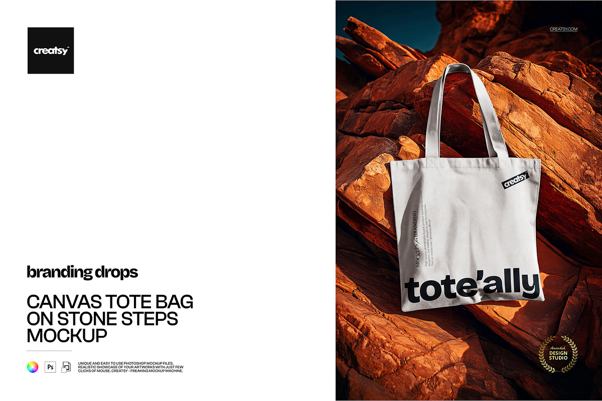 Canvas Tote Bag on Rocks Mockup, a Merchandise Mockup by creatsy5