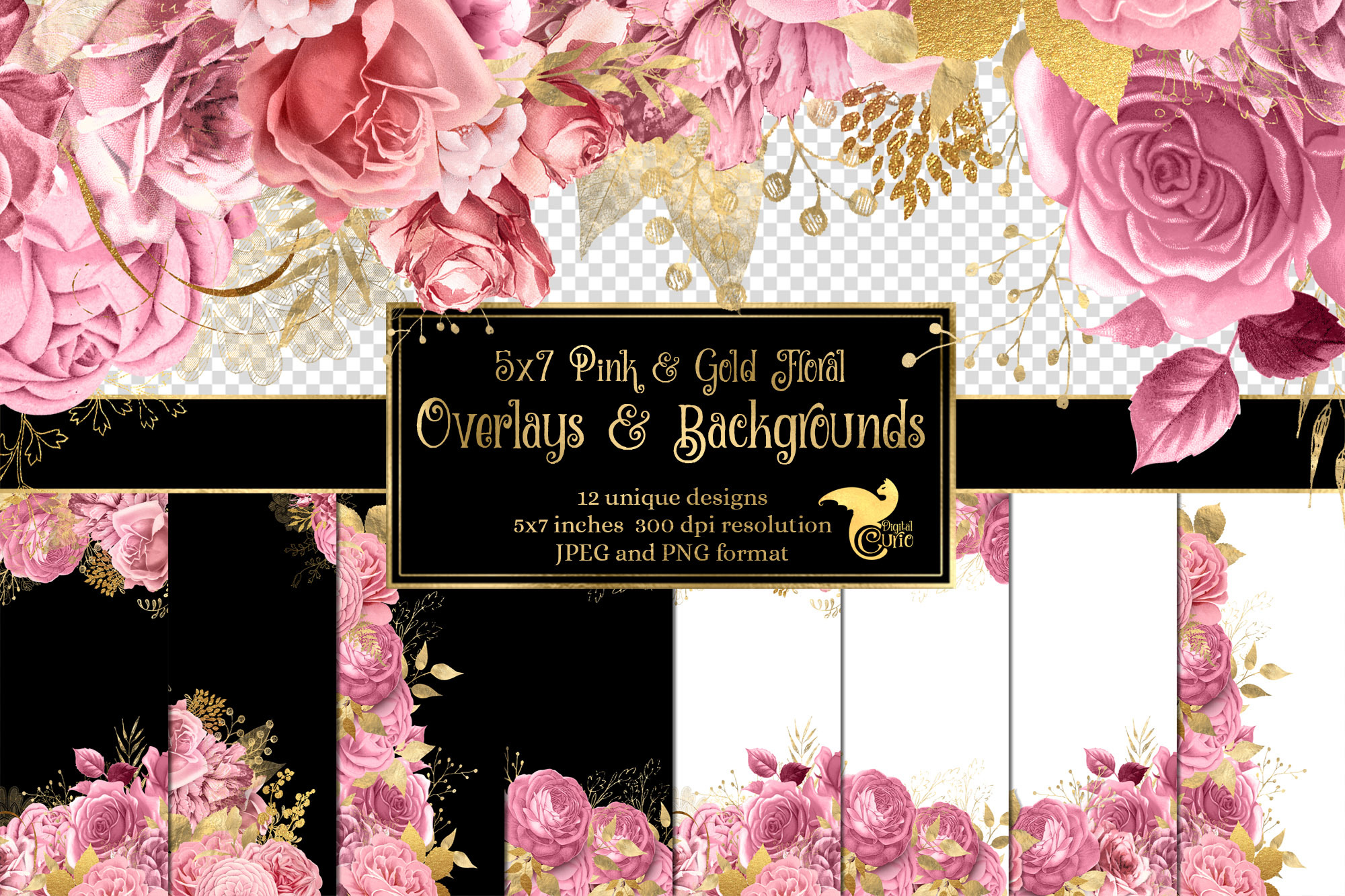 5x7 Pink and Gold Floral Overlays, an Illustration by Digital Curio