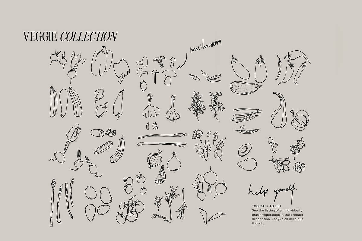 108 Hand drawn vegetable Illustrations
