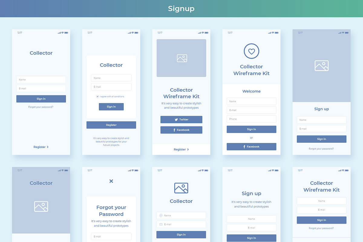 Collector iOS Wireframe UI Kit, a Wireframe Template by Creatoly