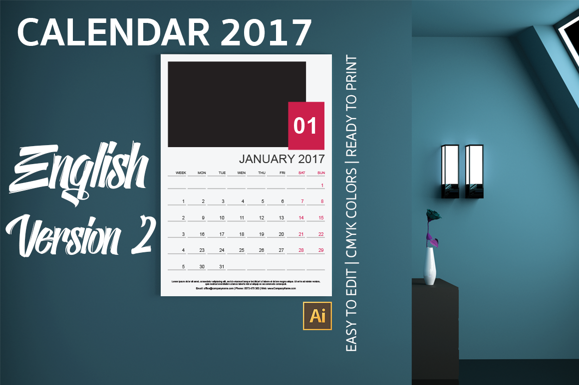 English Wall Calendar 2017 Version 2, a Templates & Theme by Florin Chitic