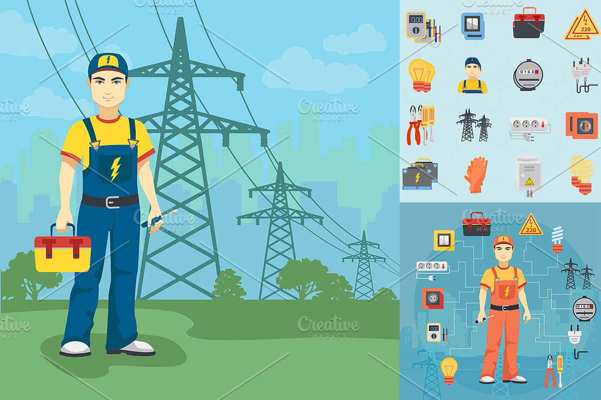 Electrician man pack+icons & concept, a Graphic by Lemberg Vector