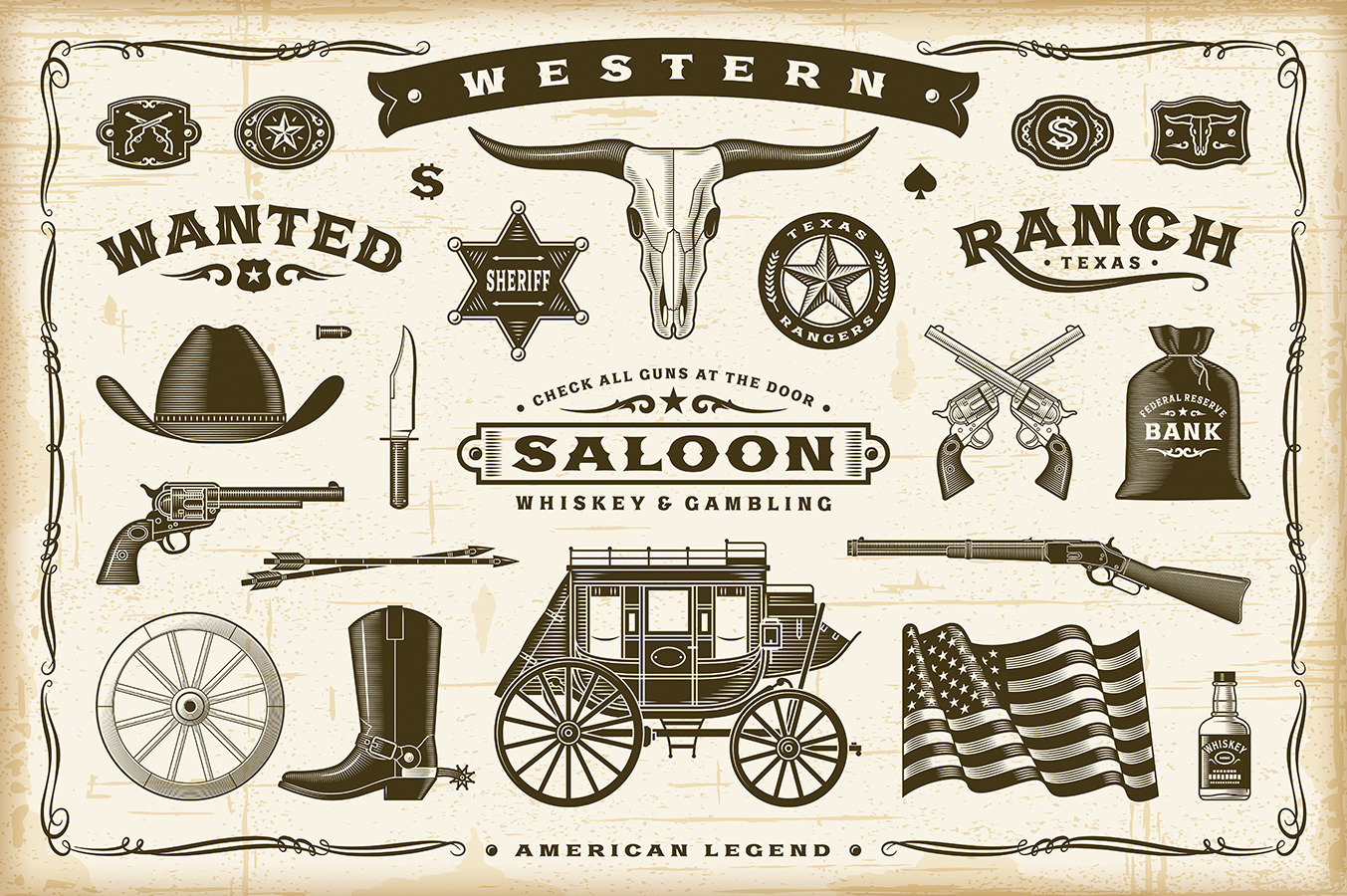 Vintage Western Set, an Illustration by Retro Graphics