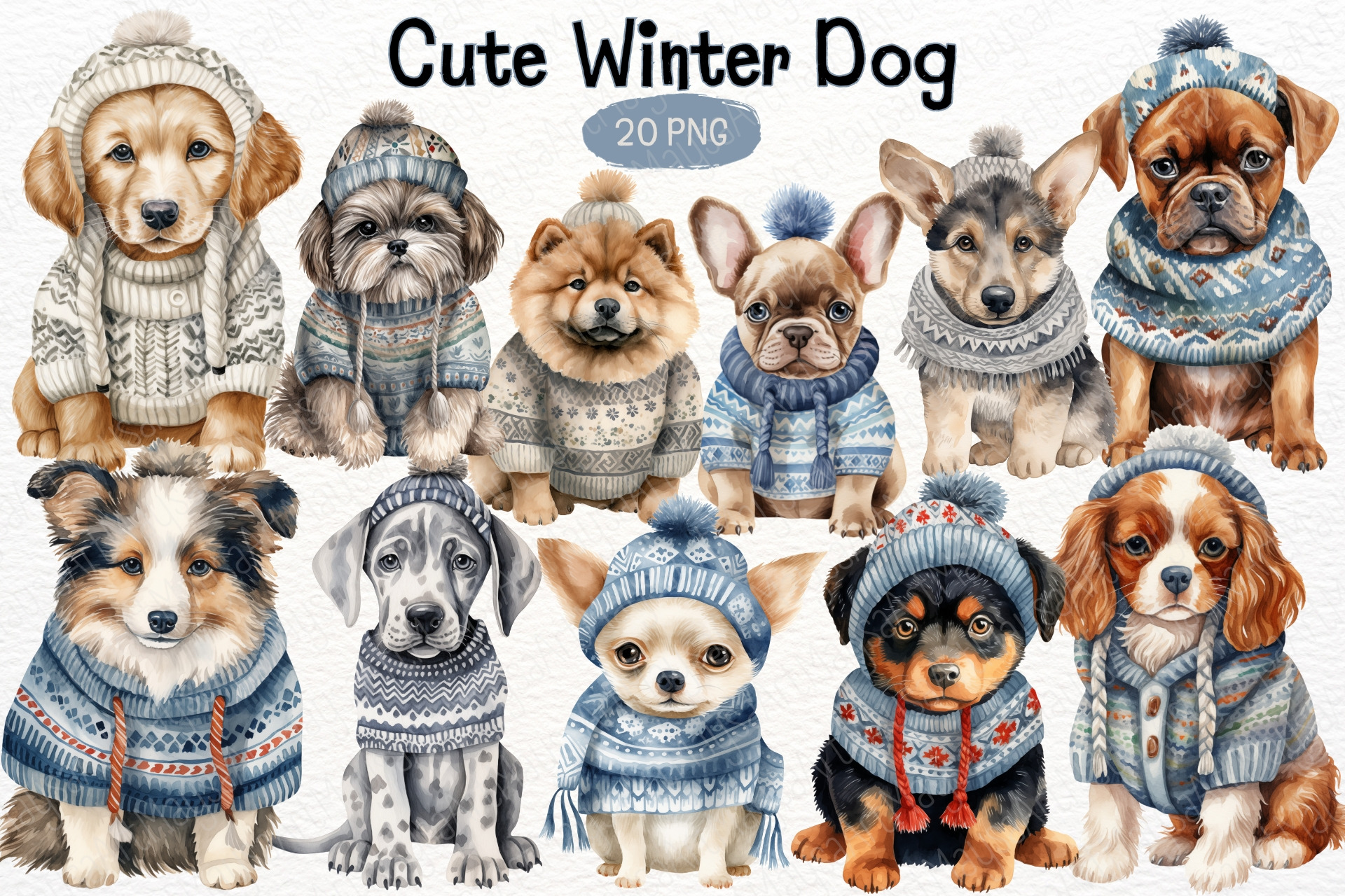 Cute Winter Dog Watercolor Clipart, an Animal Illustration by Maysa Art
