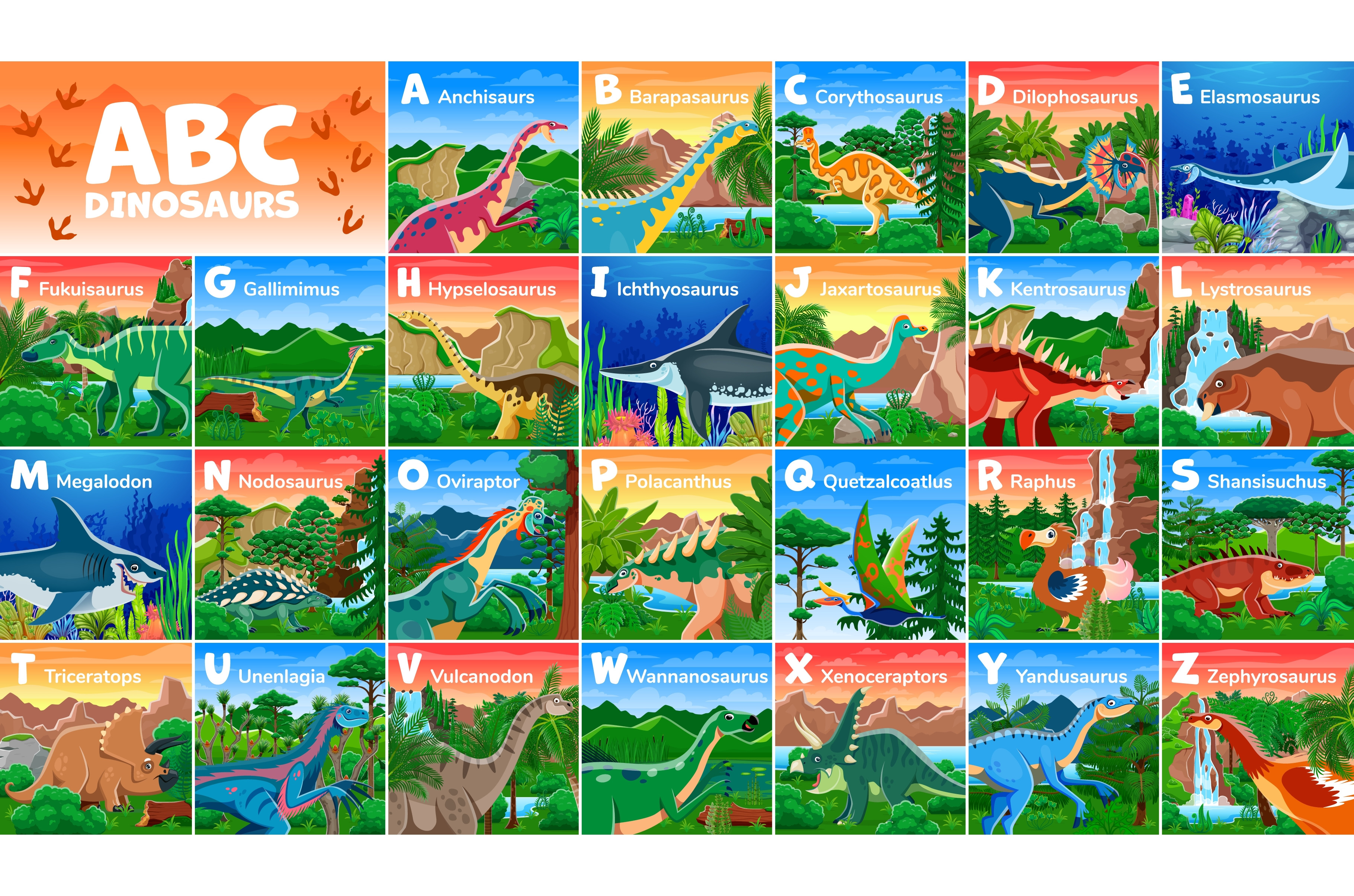 Kids dinosaurs english alphabet, an Animal Illustration by Vector Tradition