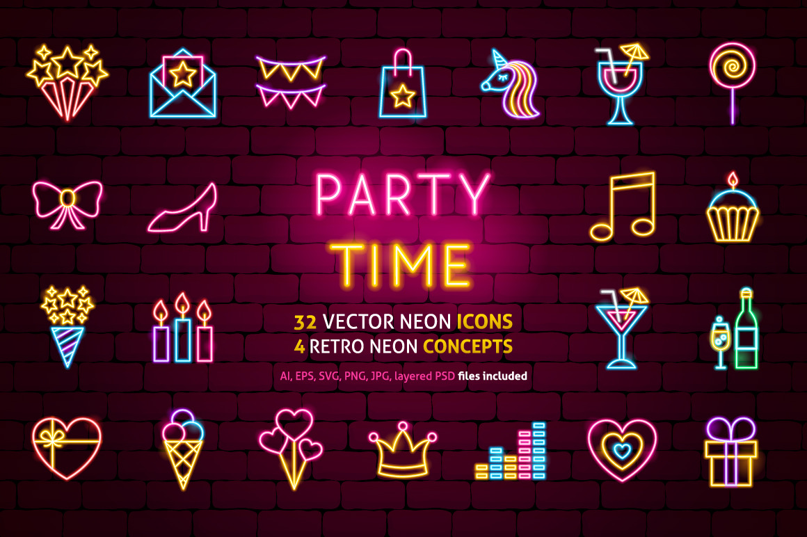 Party Neon Vector Icons Set