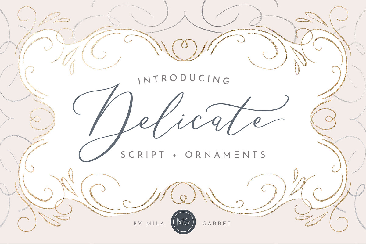 Delicate Elegant Script & Ornaments, a Script Font by Mila Garret