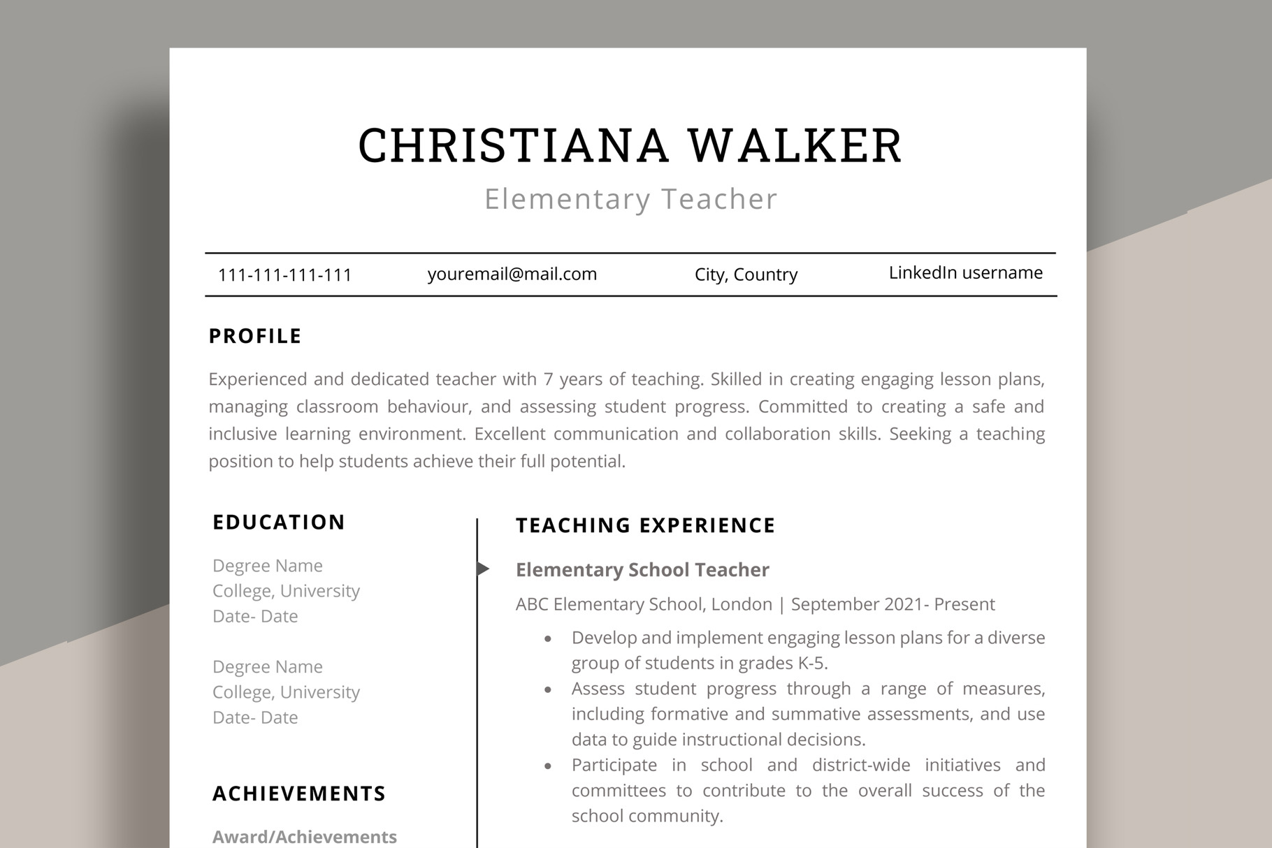 Resume Template Word | Teacher CV, a Resume Template by aivos ...