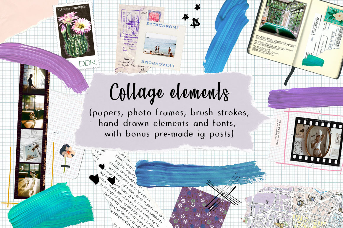 145 collage elements, fonts + Bonus, an Object Graphic by Negative Space