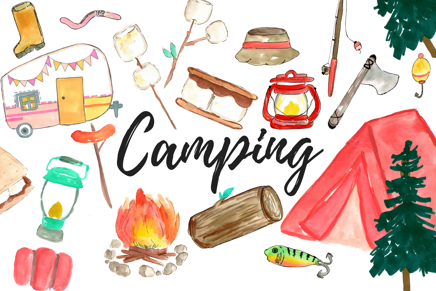 Large Watercolor Camping Clipart Set, an Illustration by Writelovely