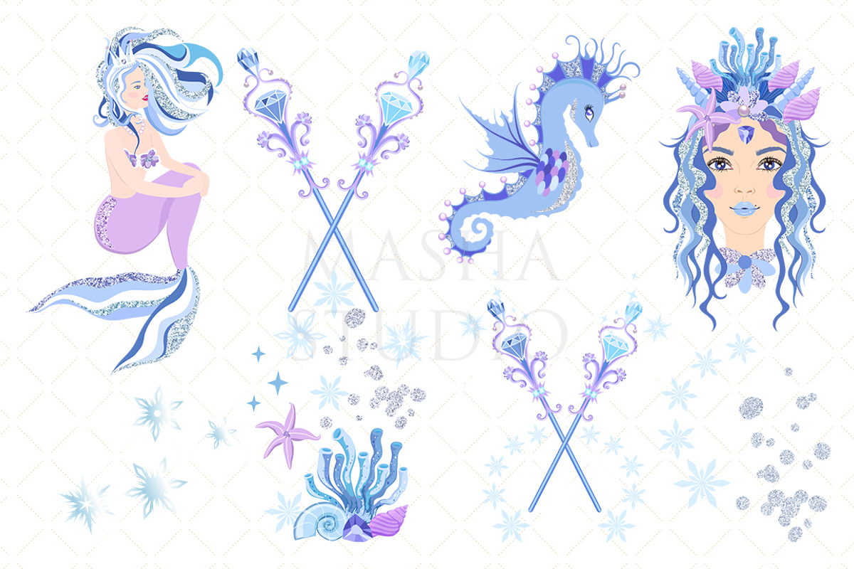 ICE QUEEN MERMAIDS clipart, an Illustration by Masha Studio