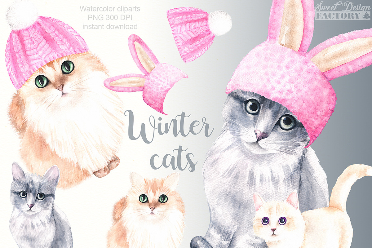 Winter watercolor cats cliparts, an Animal Illustration by Sweet sweet ...