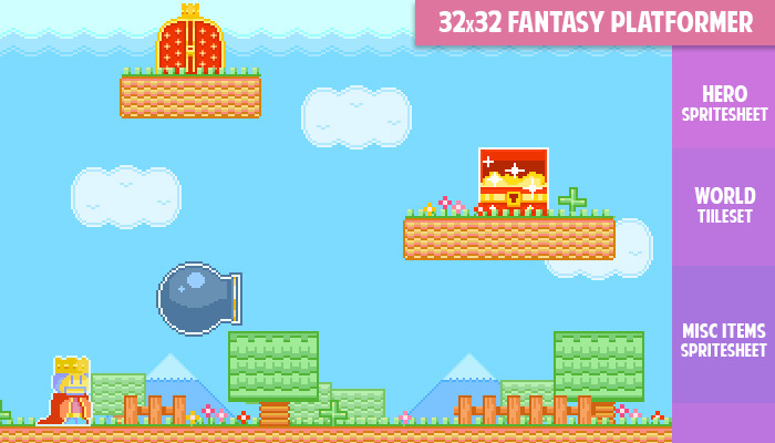 32x32 Fantasy Platformer Gamepack, an Illustration by Fassous game assets