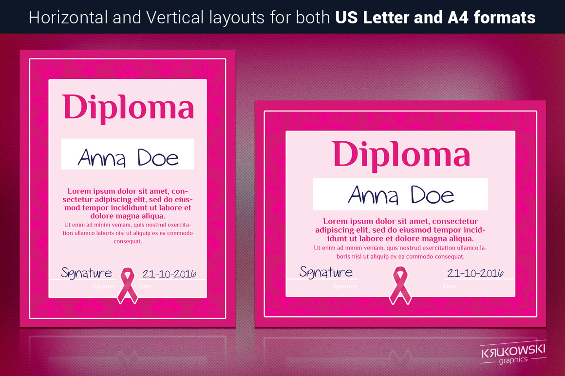 Pink Diploma Template, a Stationery Template by Krukowski Graphics