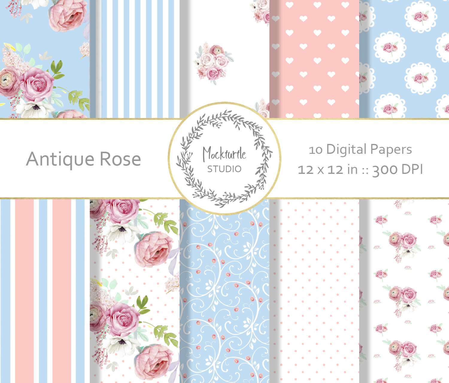 Antique Rose Floral digital paper, a Pattern Graphic by MockTurtleStudio