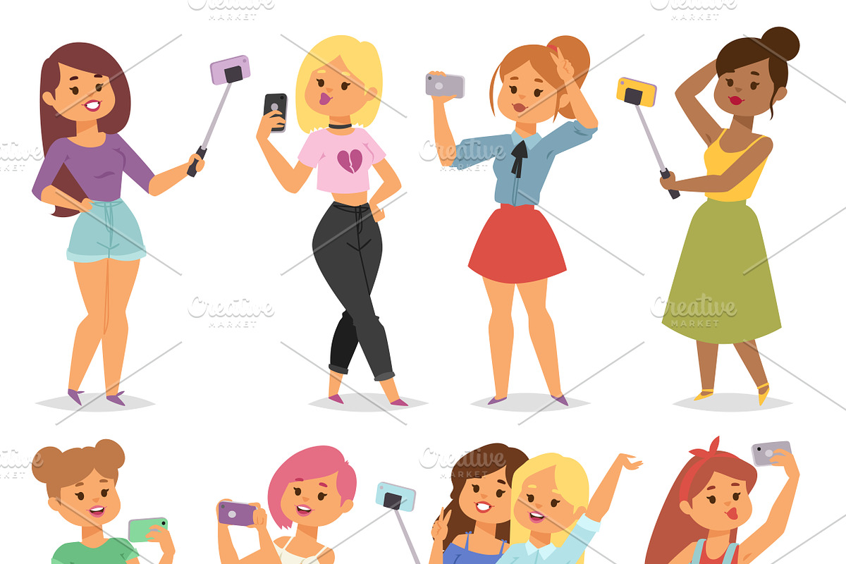 Vector cartoon selfie girls, a Person Illustration by Vectorstockersland