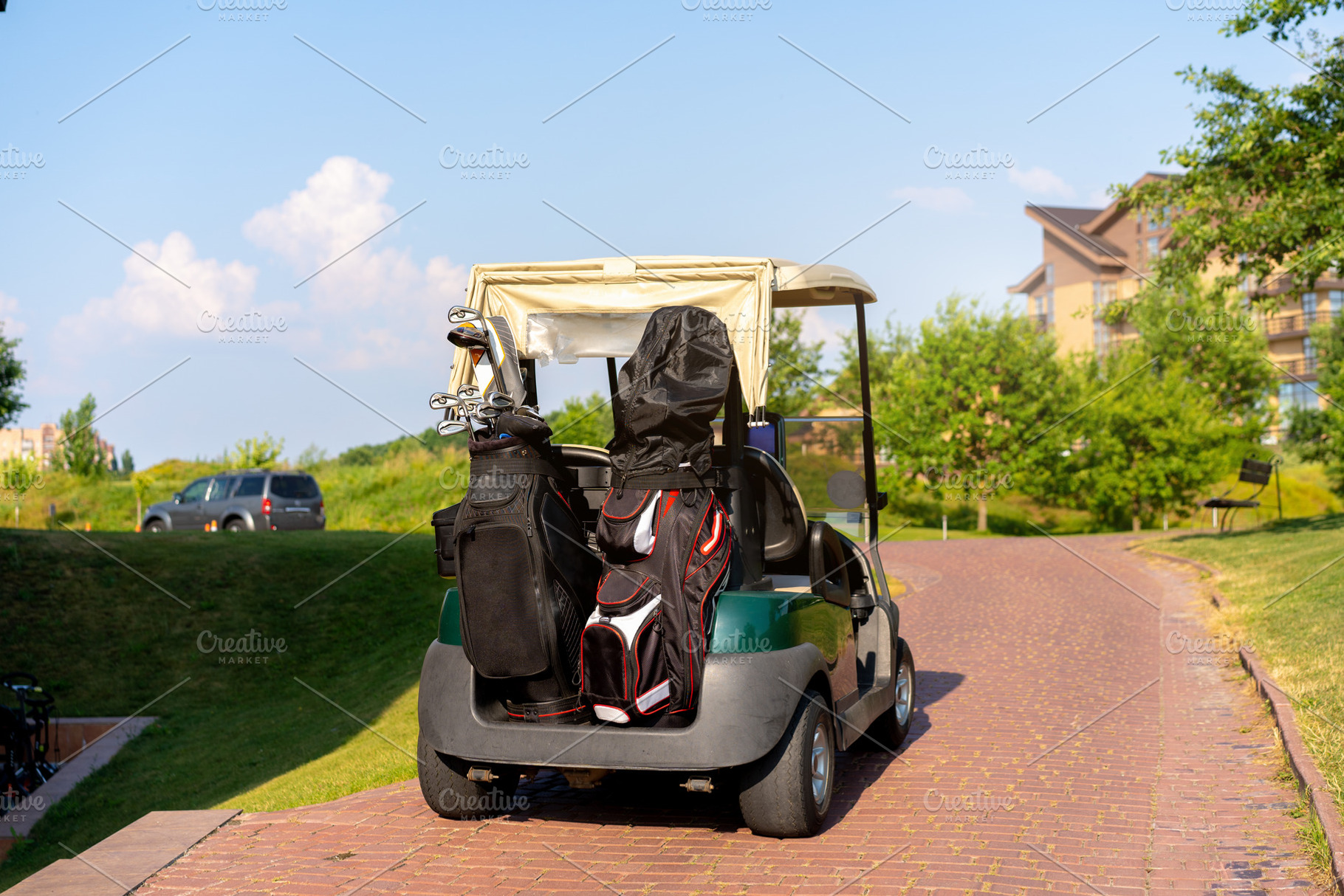 Golf car standing parking golf club Warm summer day, a Photo by ...