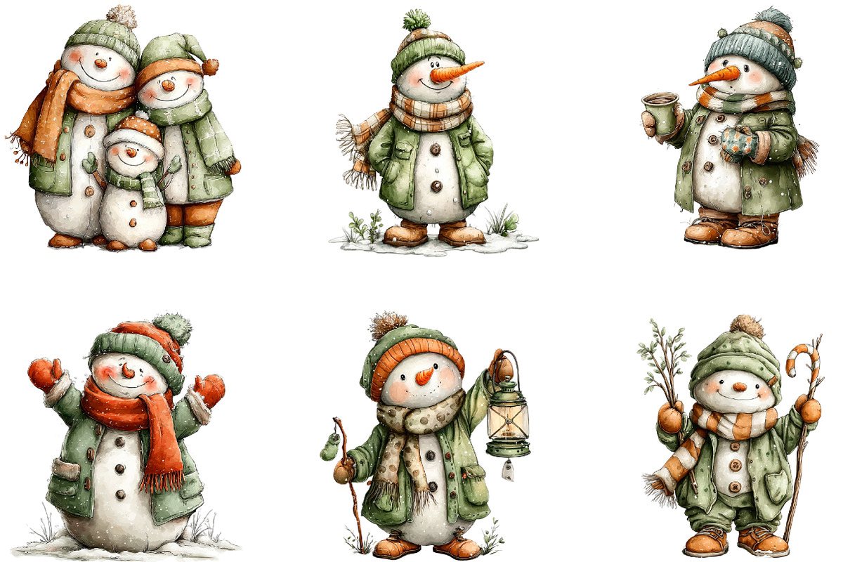 Watercolor Winter Snowman Clipart, an Illustration by CraftArtStudio