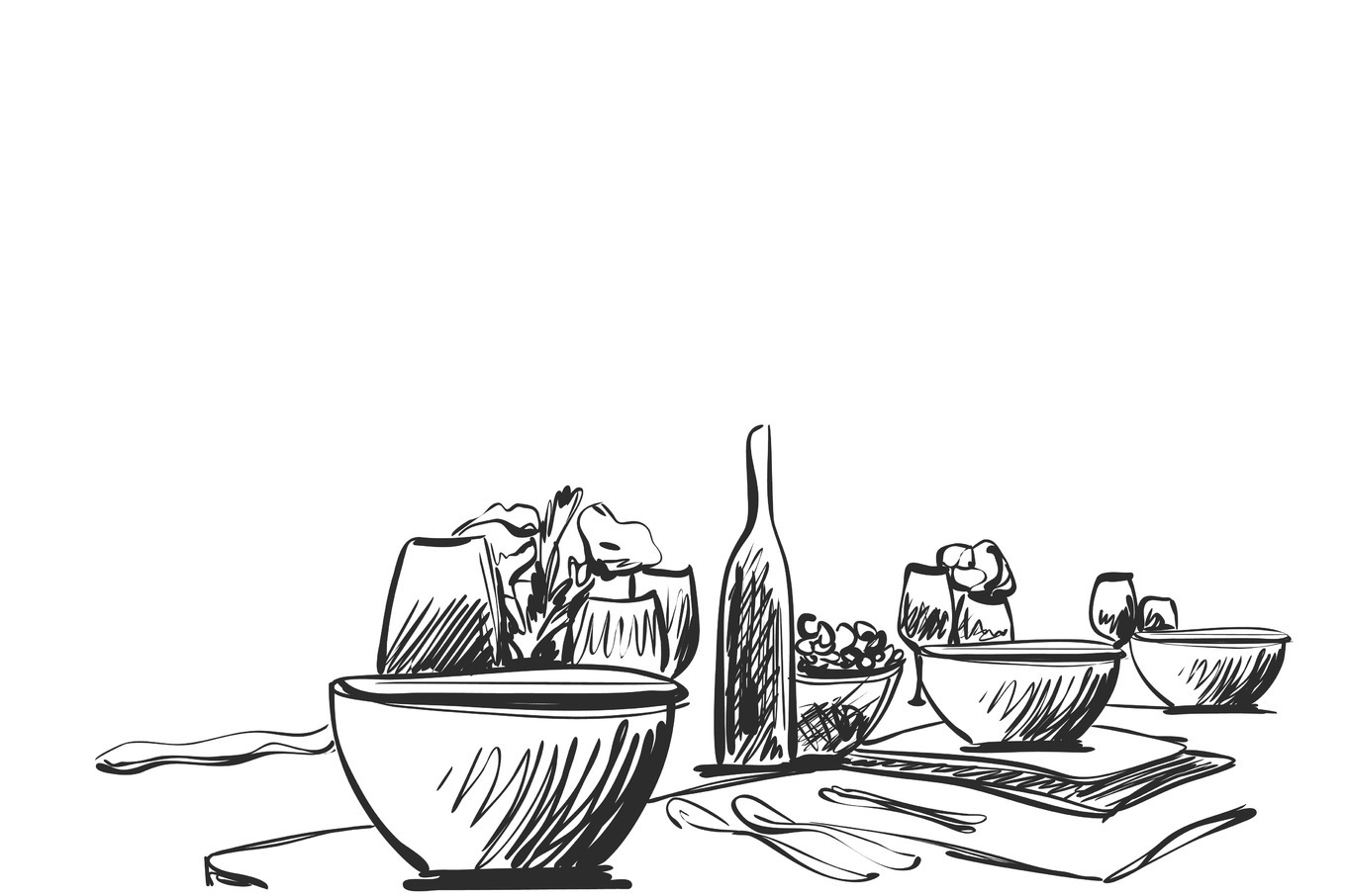 Hand Drawn wares sketch. Romantic dinner for two. | Food Illustrations ...