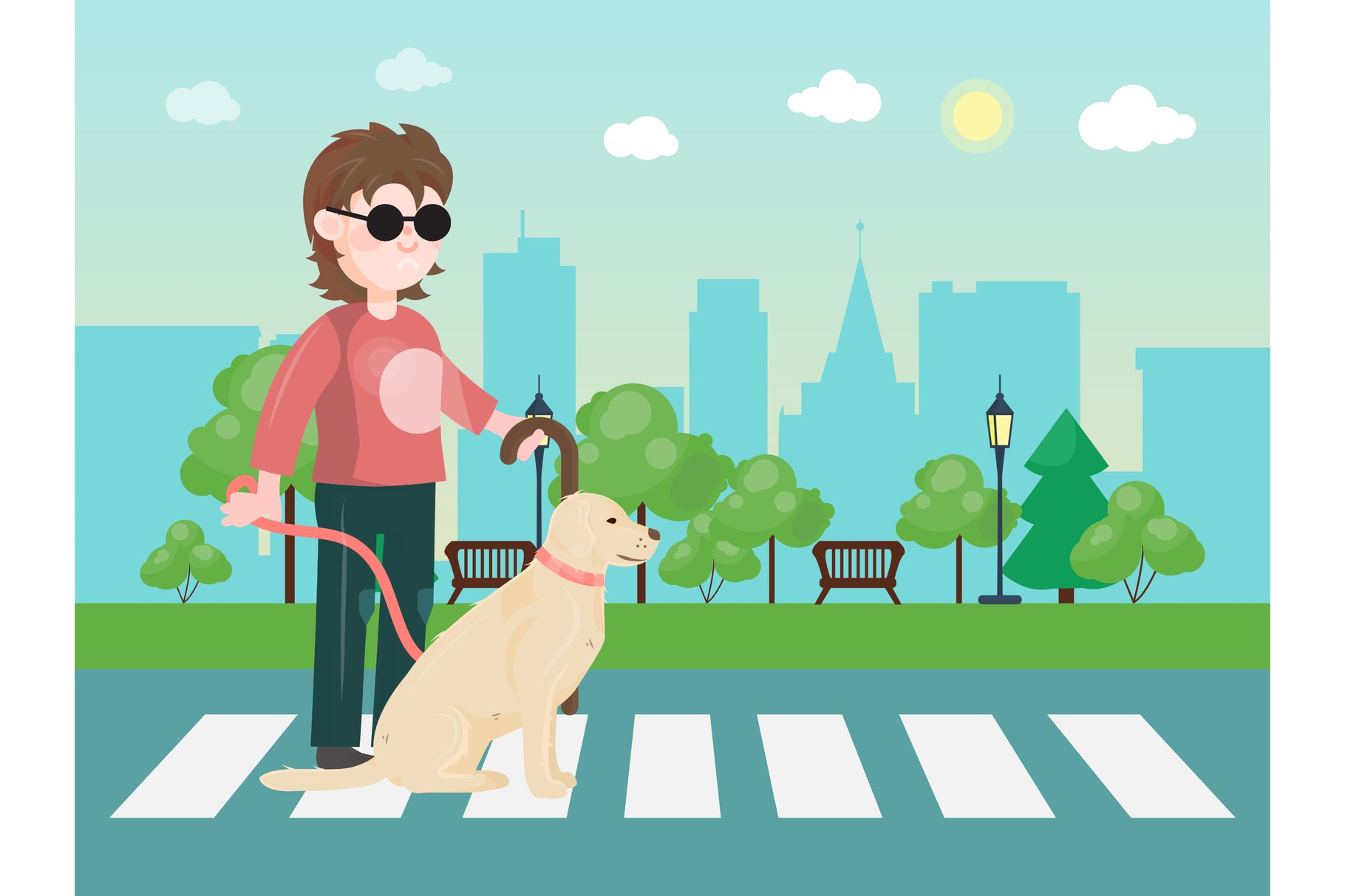 Blind man with guide dog on zebra, an Illustration by VectorsBang