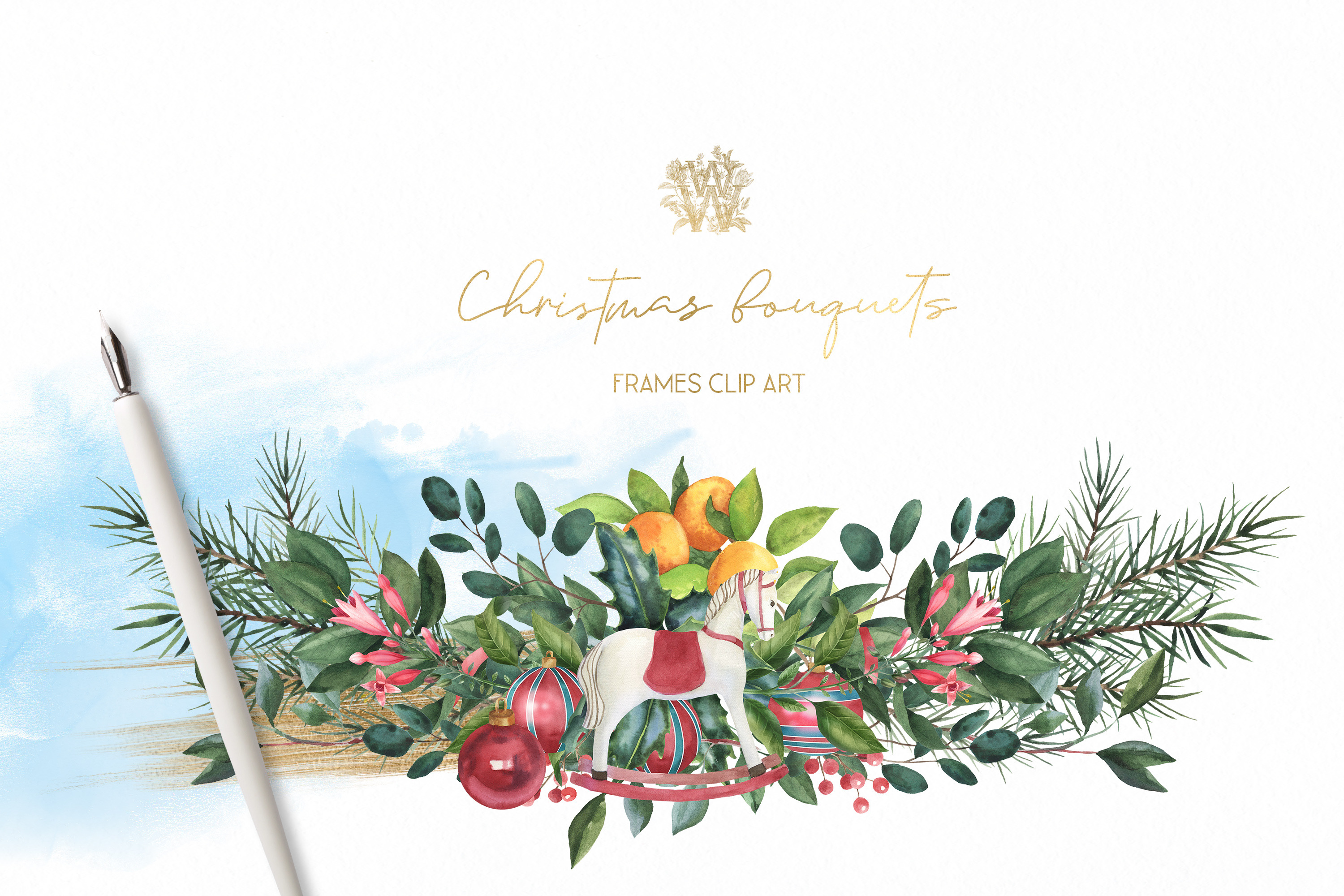 Christmas watercolor borders clipart, an Illustration by WonderWonder