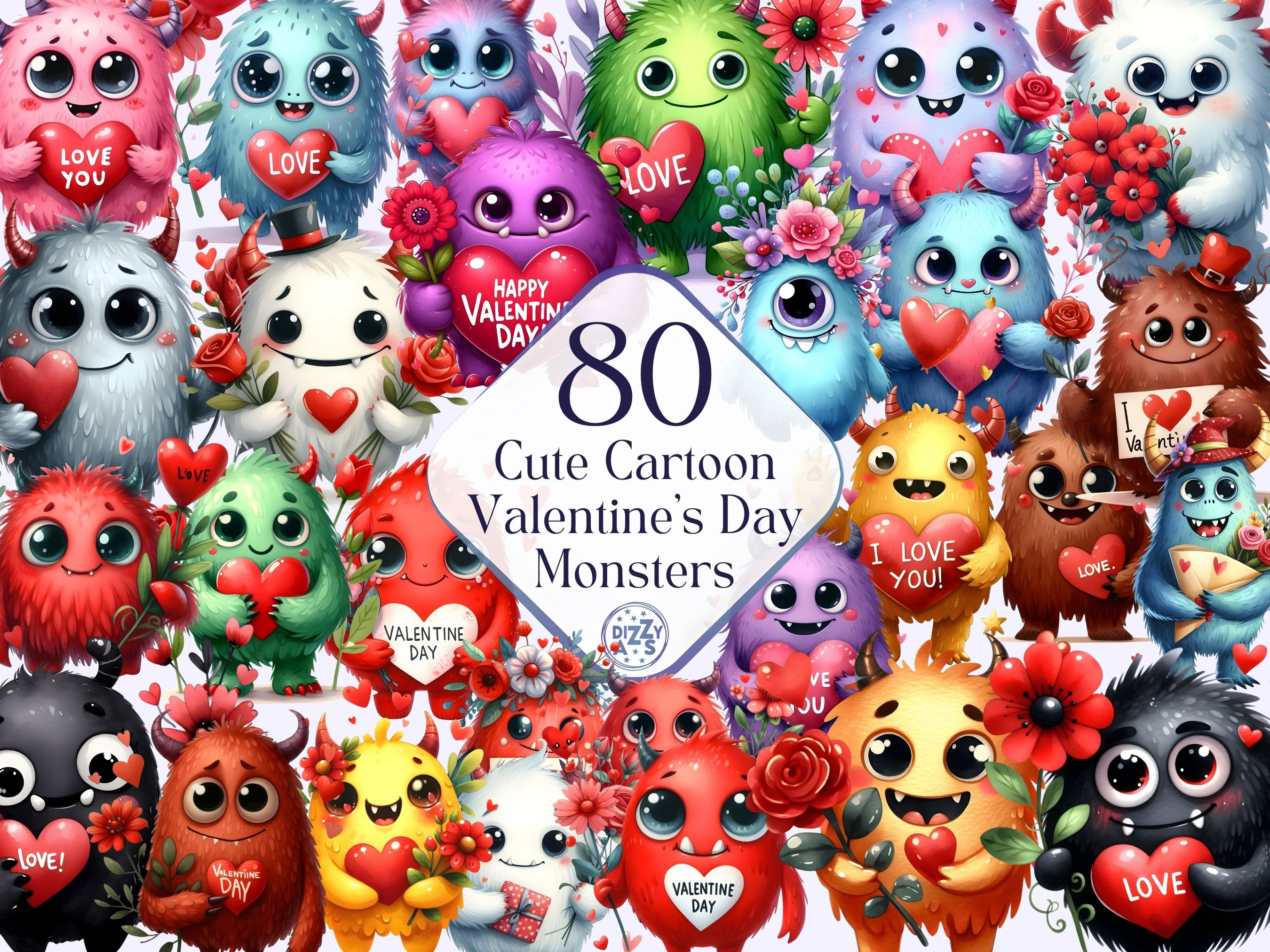 Valentines Monsters Clipart Bundle, an Animal Illustration by Dizzy Art ...