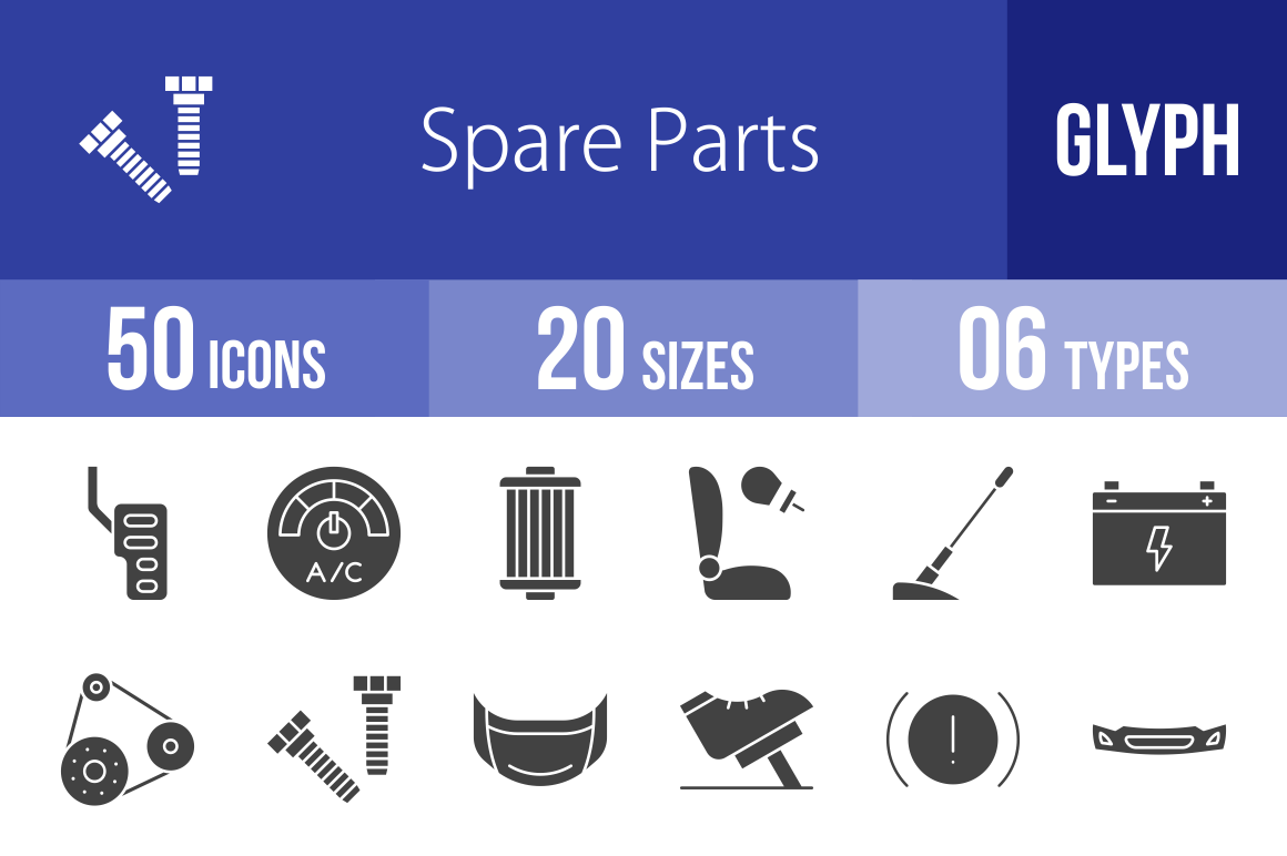 50 Spare Parts Glyph Icons | Icons ~ Creative Market