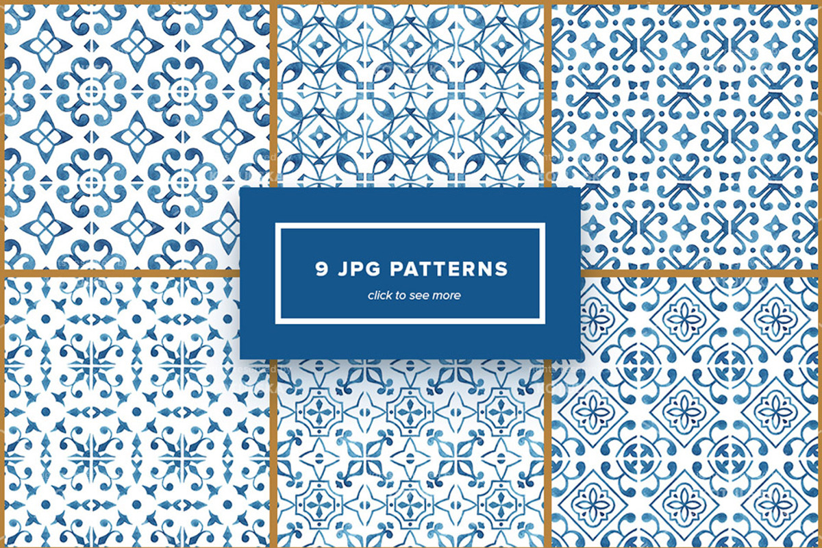 Watercolor/Vector Blue Tile Patterns, a Pattern Graphic by Kotulska