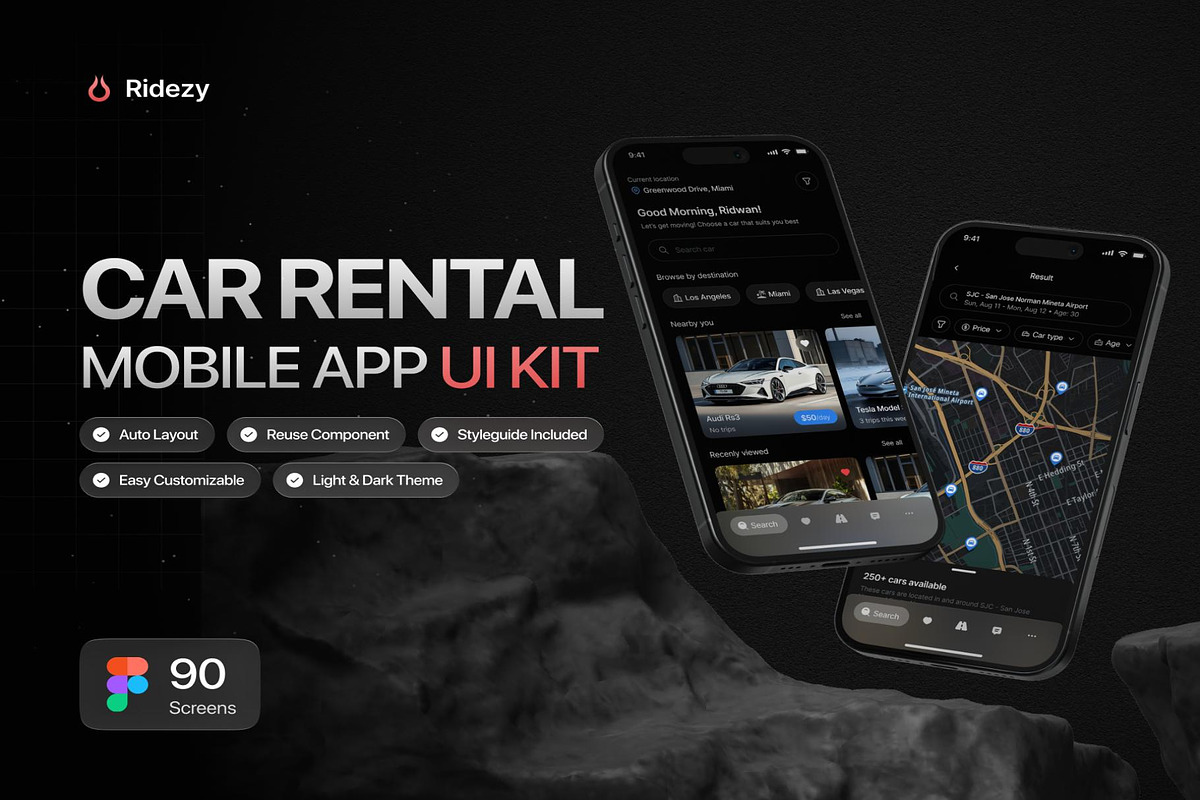 Car Rental Mobile App UI Kit - Ridezy