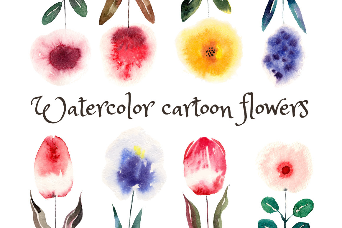 Watercolor Cartoon Flowers, a Decorative Illustration by Elena Pimonova