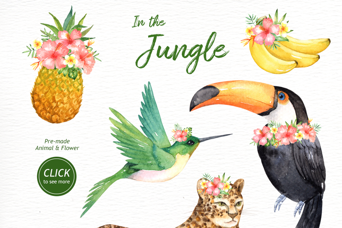 In the Jungle Watercolor Clipart, an Animal Illustration by everysunsun