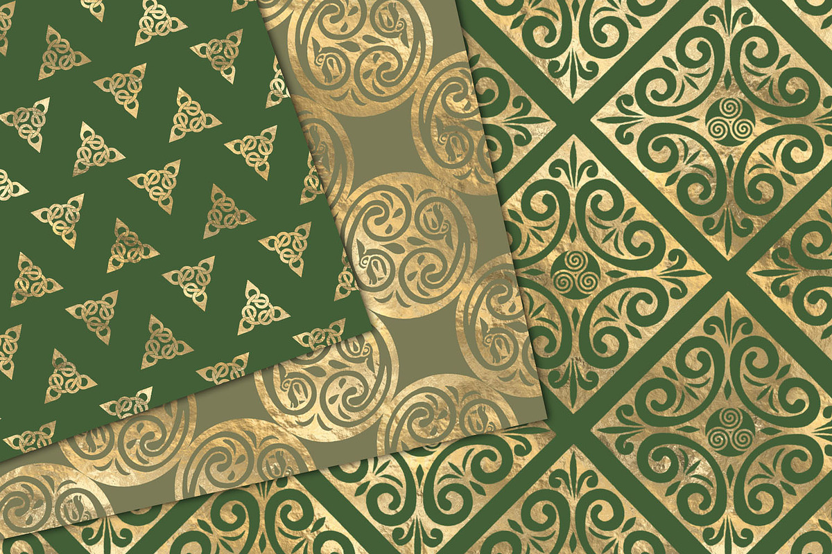 Green & Gold Celtic Digital Paper, a Pattern Graphic by Digital Curio